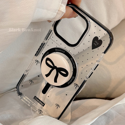 Polka Dot Bowknot Magnetic Holder clear case适用iphone 11 12 13 14 15 16 17 pro max