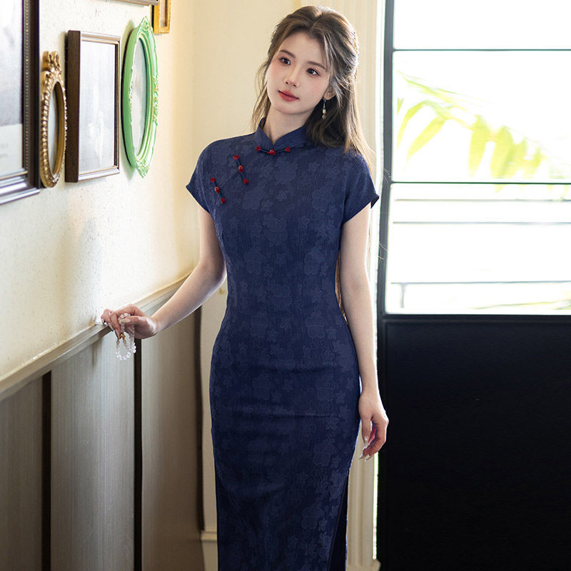 26蓝色国风新中式长款旗袍改良年轻款2026新款女级感短袖日常夏季
