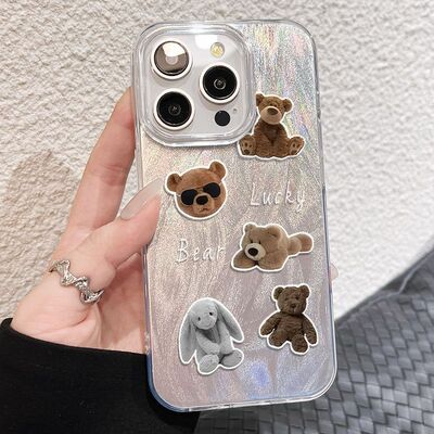 Cute Bear Cartoon Feather Yarn Hard Shockproof Case 适用 iPhone 17 Pro Max 15 14 13 12 Large Cutout