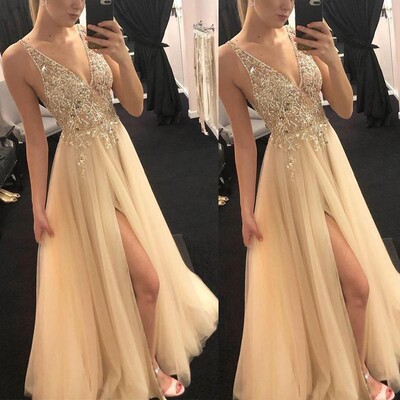 Shiny evening dress2026欧美夏季金色V领拼接连衣裙派对晚礼服女