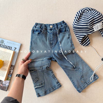 娇气妈2026儿童春装裤子女孩韩版拼接牛仔喇叭裤女童时尚洋气长裤