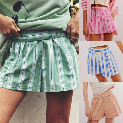 Pocket striped beach shorts 时尚女装条纹休闲松紧口袋沙滩短裤