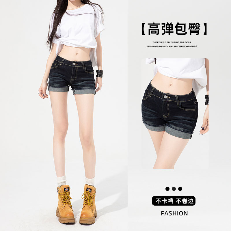 深蓝色外穿百搭做旧牛仔短裤女2026年夏季新款丰跨修身薄款牛仔裤