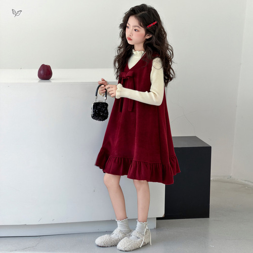 女童2025年冬季新款蝴蝶结年服连衣裙女大童拜年保暖毛毛背心裙潮_祺儿童装QENBHEBL-2583 - 杭州女装网