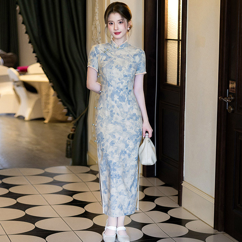 26蓝色国风新中式长款旗袍改良年轻款2026新款女级感短袖日常夏季