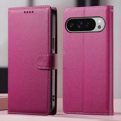 适用谷歌9ProXL纯色荔枝纹手机壳8A磁扣翻盖皮套Pixel7保护套6A钱夹插卡皮壳8Pro全包防摔壳