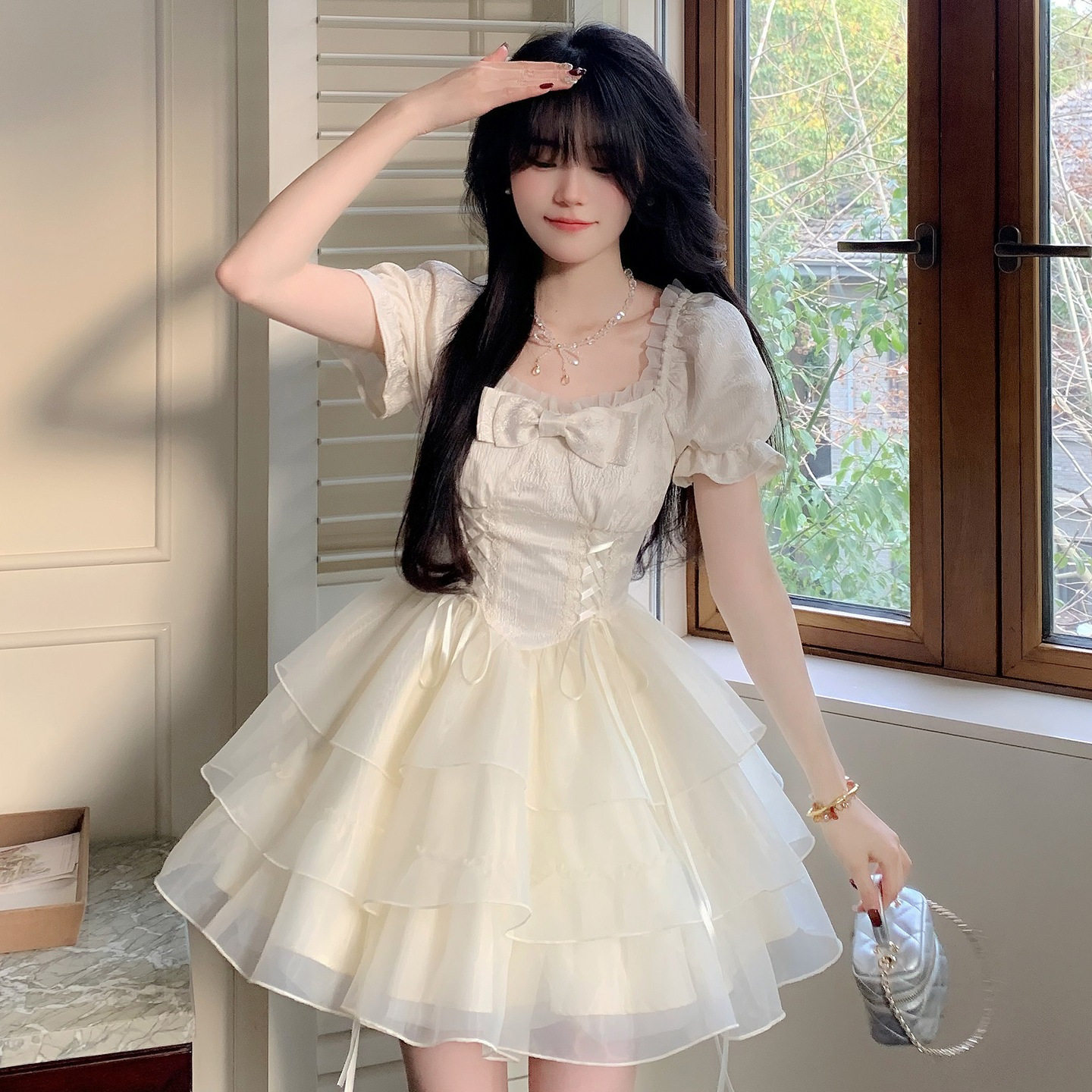 甜美公主蝴蝶结连衣裙女夏季高级感气质蛋糕蓬蓬裙收腰小个子短裙