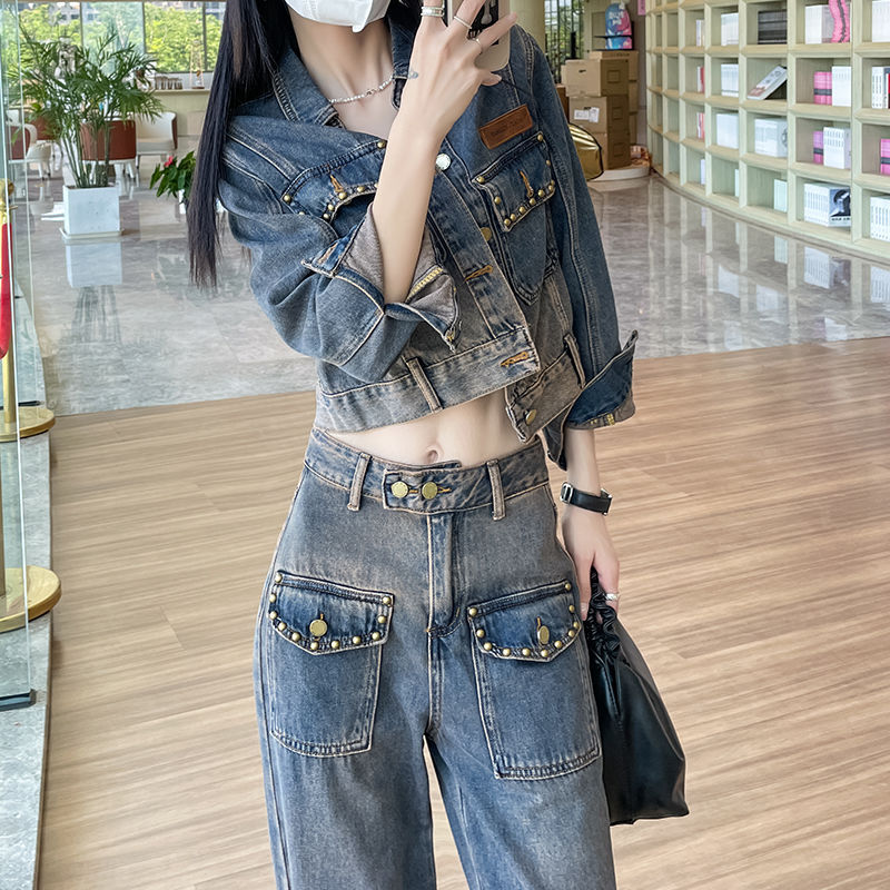 牛仔外套女两件套欧洲站春秋2023欧货时尚洋气短款直筒阔腿裤套装