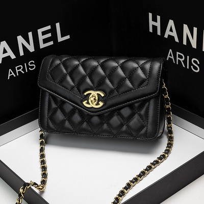 轻奢新款羊皮女真皮链条肩小方包百搭网红小香风金珠球菱格女包