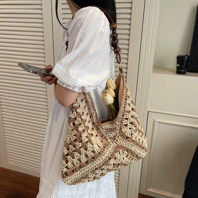 编织包新款大容量海边度假沙滩包棉线镂空网纹托特包女肩包