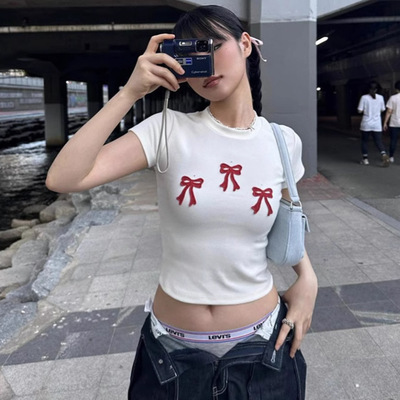 短款短袖蝴蝶结刺绣修身韩东大门