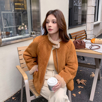 复古风美拉德穿搭冬新款羊羔毛大衣皮毛一体麂皮绒皮草外套女