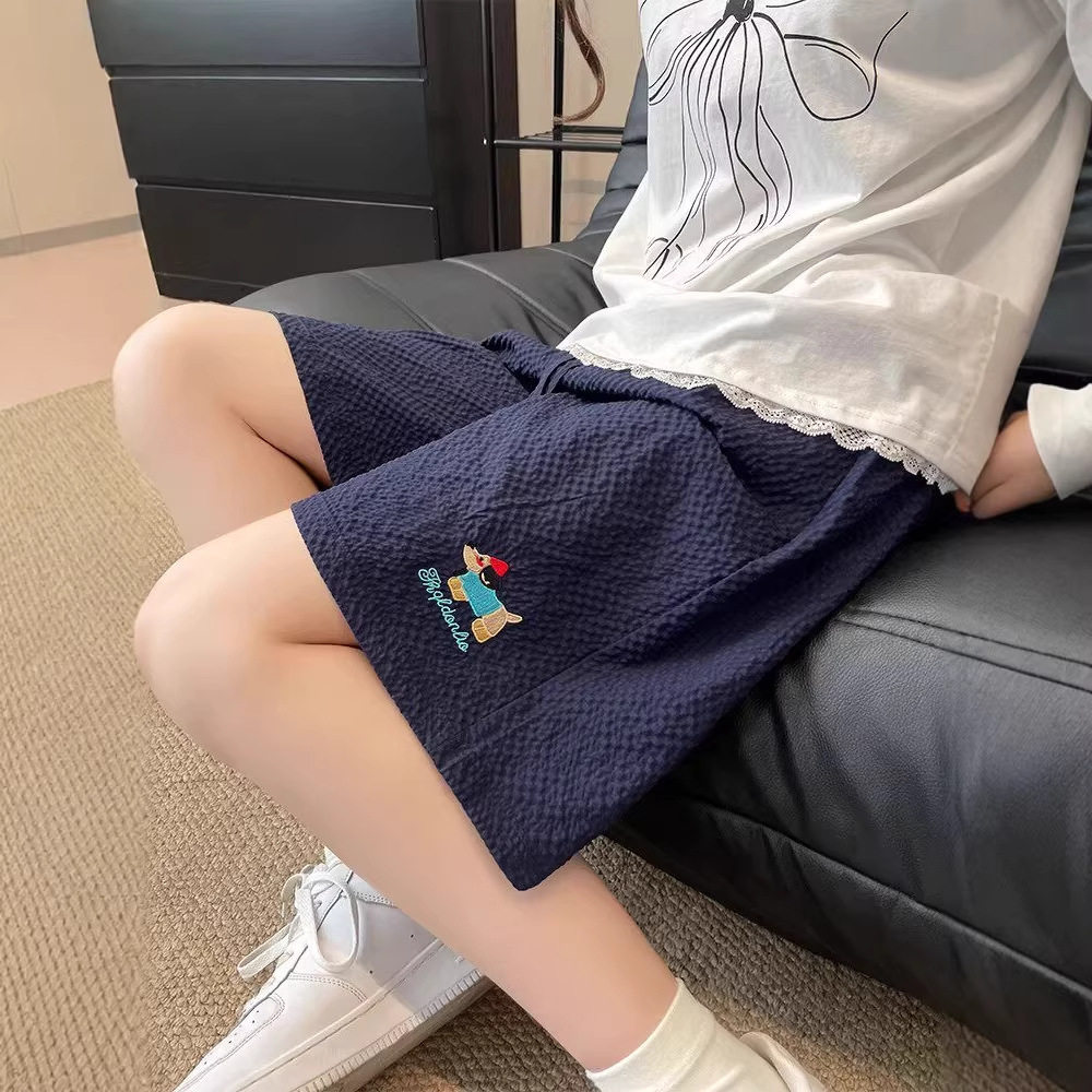 藏青色多巴胺小狗短裤女夏季新款速干沙滩裤腊肠泡泡纱刺绣五分裤