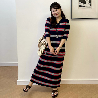 23875大码女装POLO领上衣半裙两件套2026夏胖mm条纹针织套装乃粒