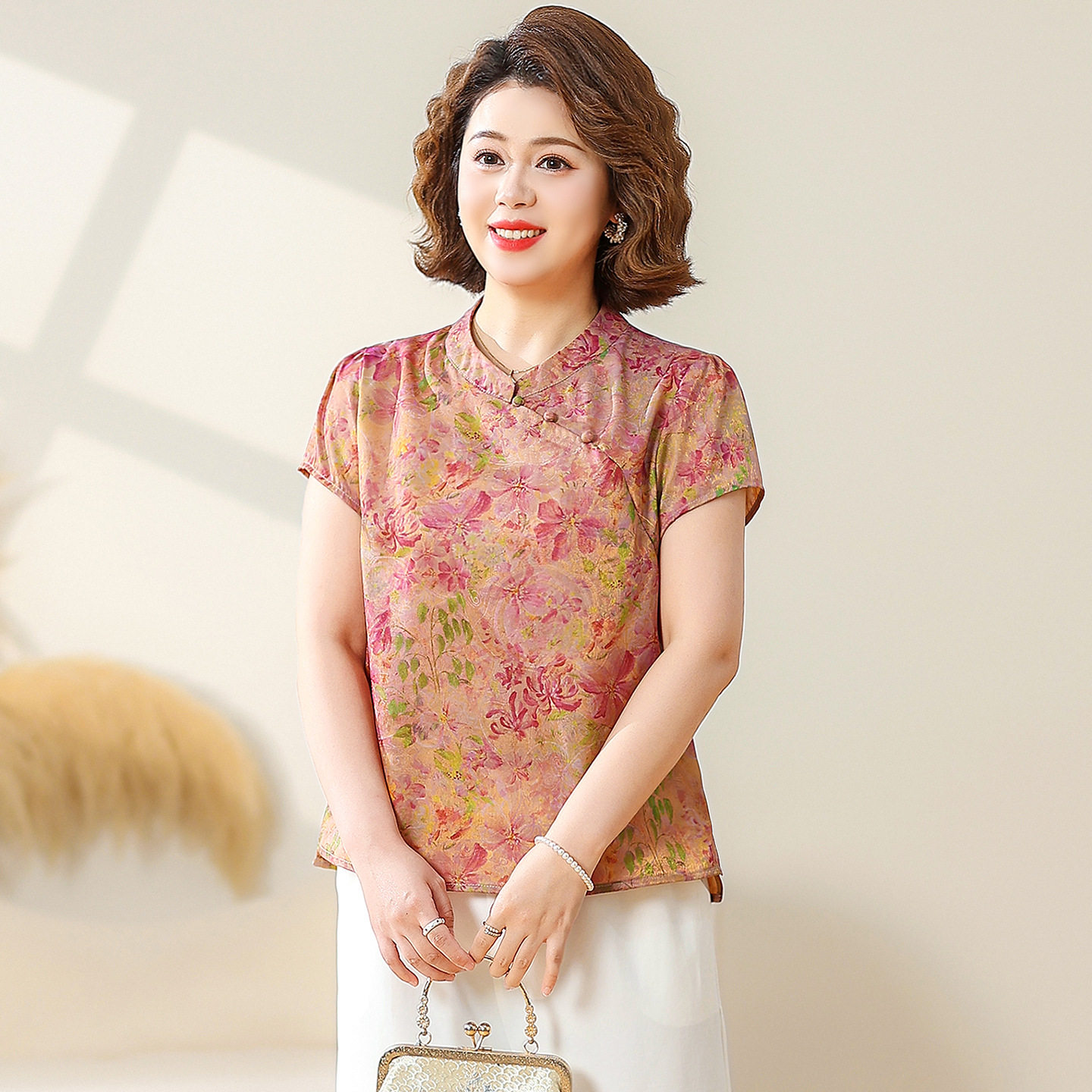 妈妈新中式夏季短袖印花套装2026新款中老年女夏装洋气上衣两件套