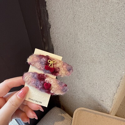 韩系秋冬新款粉色樱桃爱心毛毡bb夹甜美气质发夹可爱刘海夹侧边夹