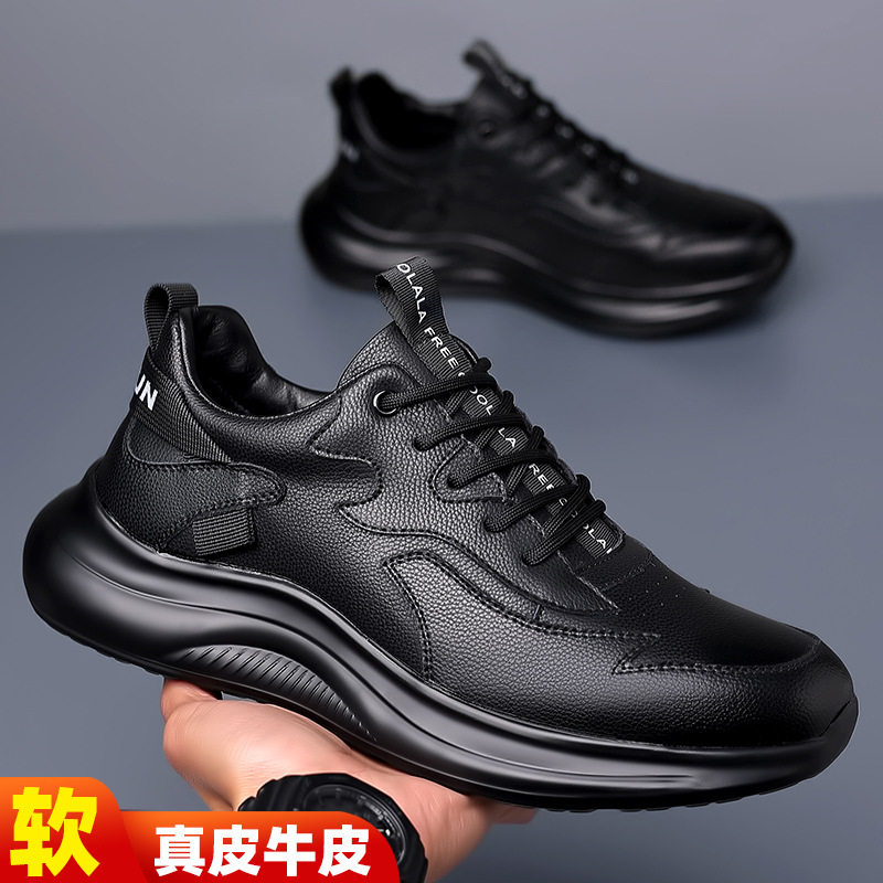 夏款奧伦休闲皮鞋软底百搭潮流运动鞋软皮韩版潮鞋黑色系带男鞋