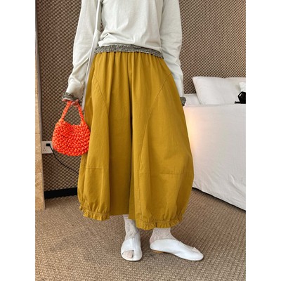 卢浮春季新款日系简约时髦松紧腰立体灯笼休闲裤宽松廓形九分裤女