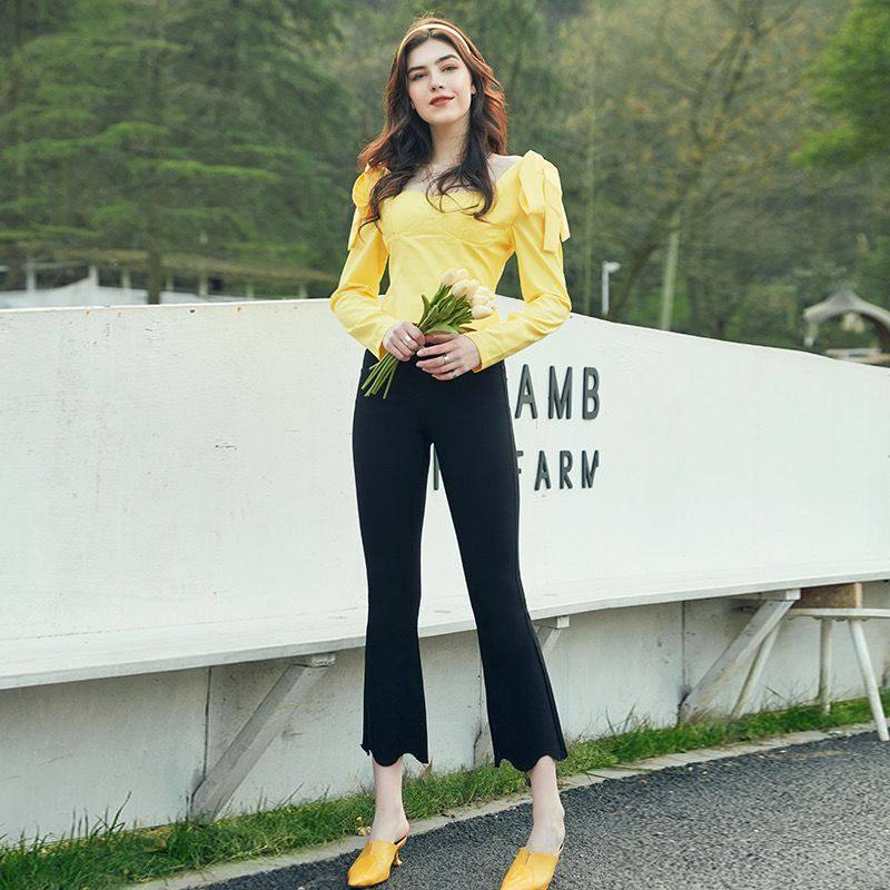 韩国sp68中腰一粒扣脚口波浪流苏高弹显瘦时尚剪边喇叭九分魔术裤_虎窝淘