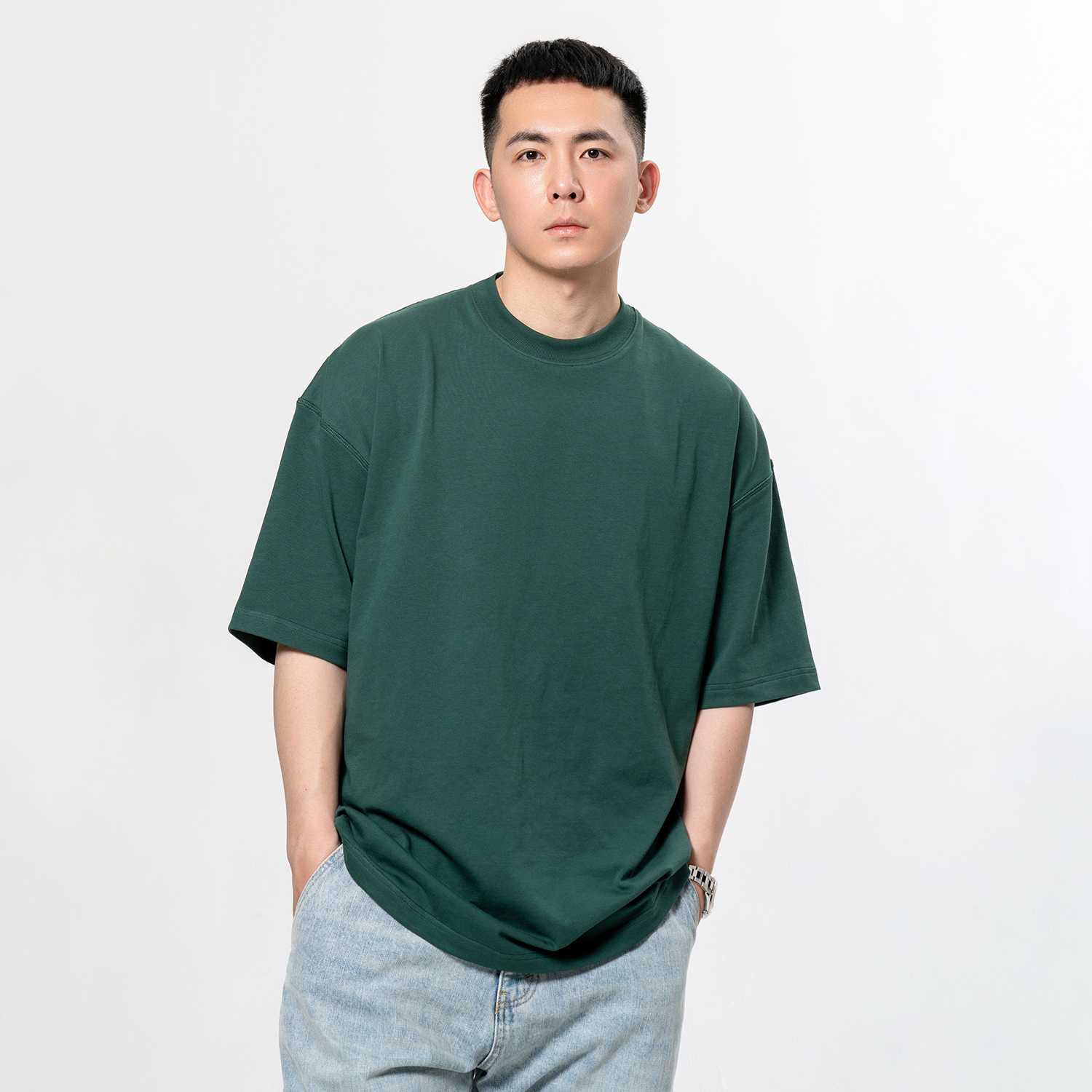 TTBRO原创定制280g双纱长绒棉重磅纯色小领口短袖T恤男宽松舒适_虎窝淘