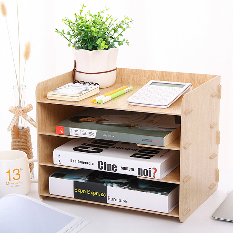 得力木质文件架资料架桌面收纳整理架子多功能文件栏收纳盒简易DIY书架学生创意文具格子办公用品组合置物架_虎窝淘