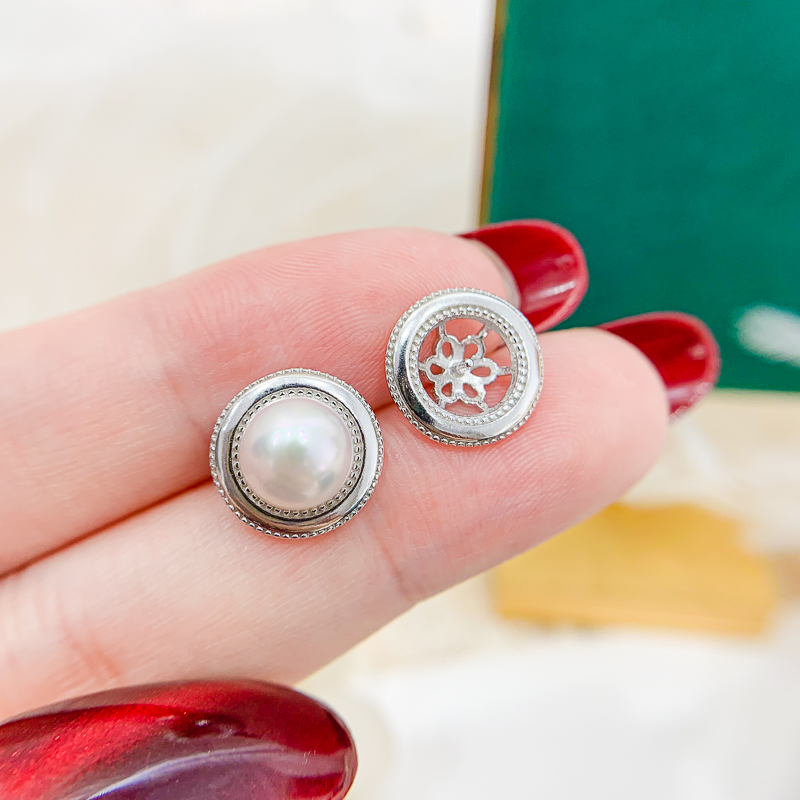 DIY珍珠耳钉配件 S925纯银饰品遮瑕圆环耳环女空托配7-8mm圆珠_虎窝淘