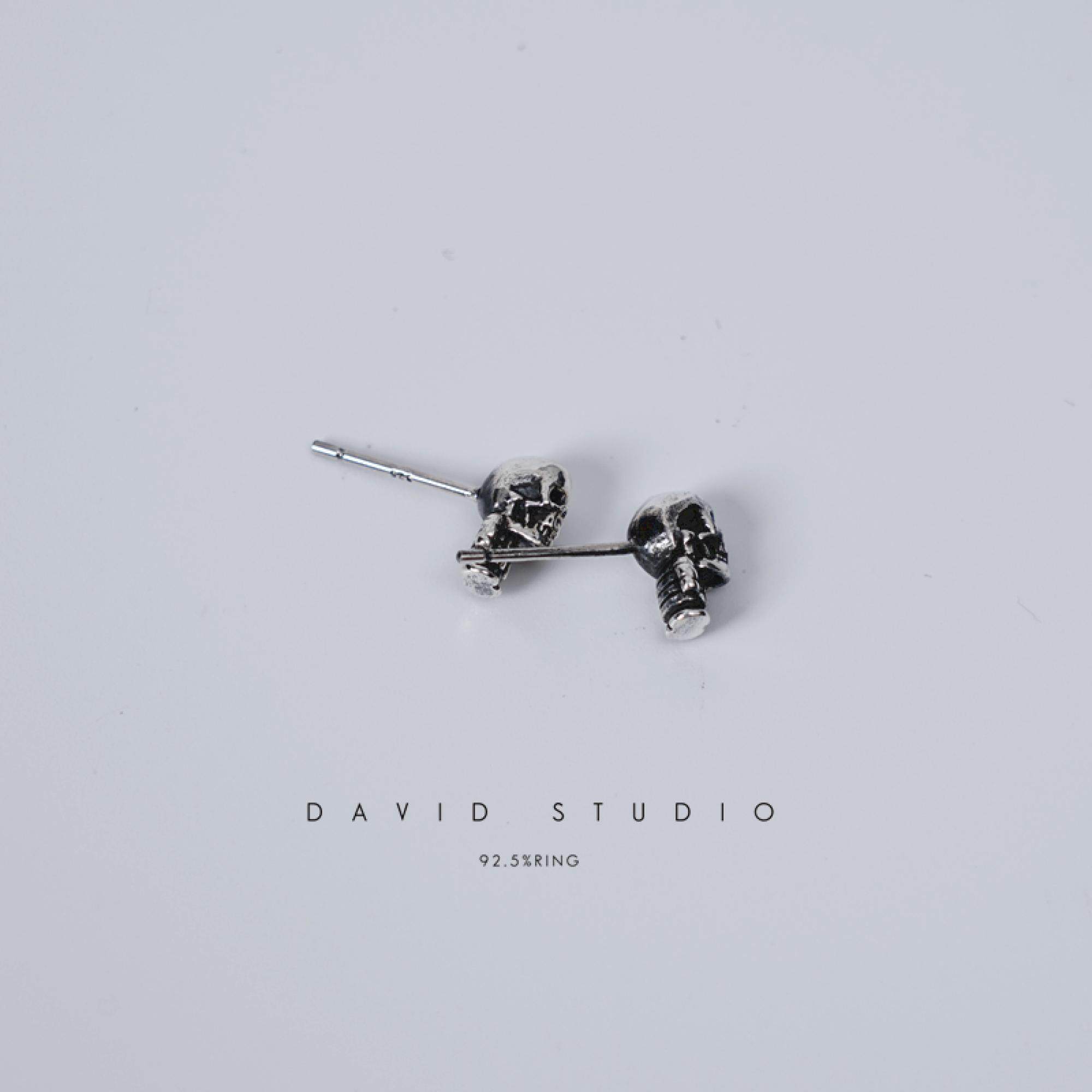 David studio925纯银骷髅小矮人中号耳钉朋克机车DJ同款男女同款_虎窝淘
