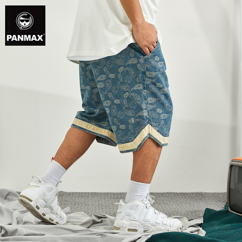【MID】PANMAX潮牌男装潮流嘻哈满印刺绣五分裤宽松休闲牛仔短裤_虎窝淘