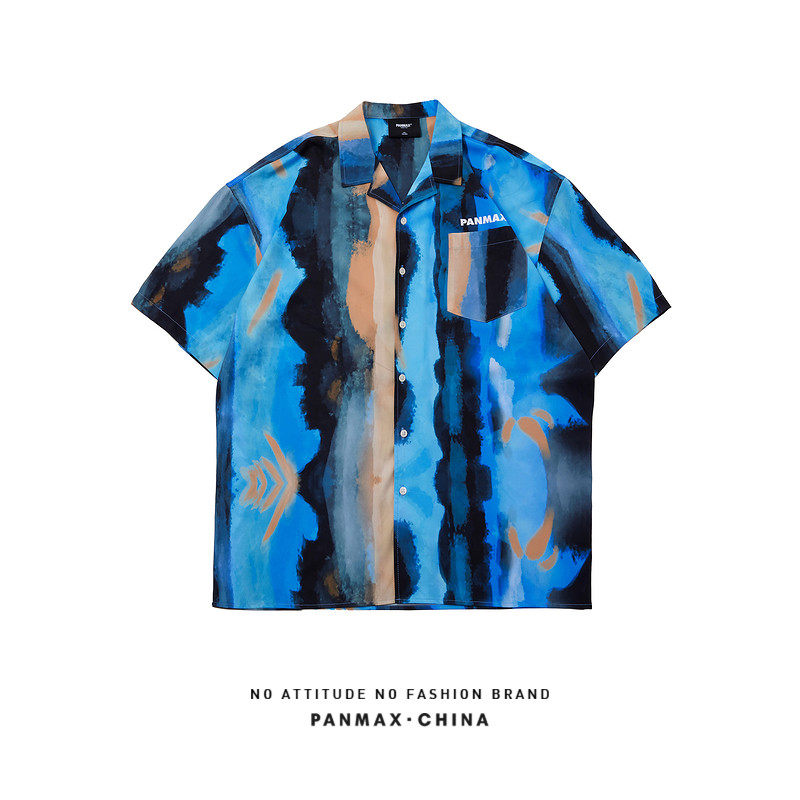 【MID】PANMAX国潮男装沙滩海岸百搭简约情侣装夏季翻领短袖衬衫_虎窝淘