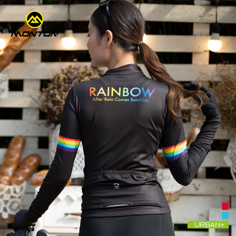 Monton脉腾新款舒适抓绒骑行服秋冬男女保暖长上衣公路车服彩虹II_虎窝淘