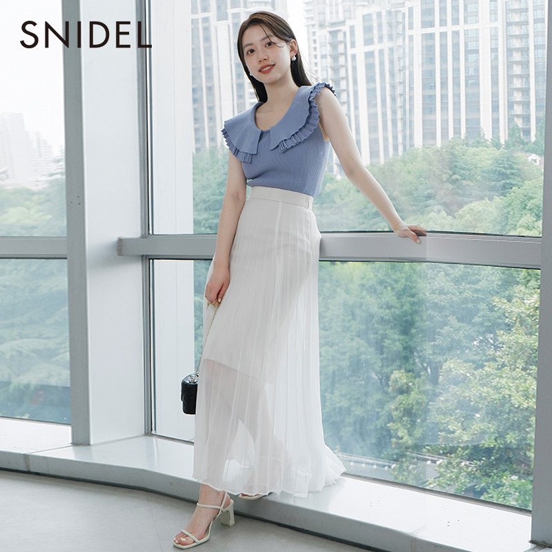 SNIDEL春夏百搭时尚光泽感高腰百褶伞裙雪纺半身裙SWFS222094_虎窝淘