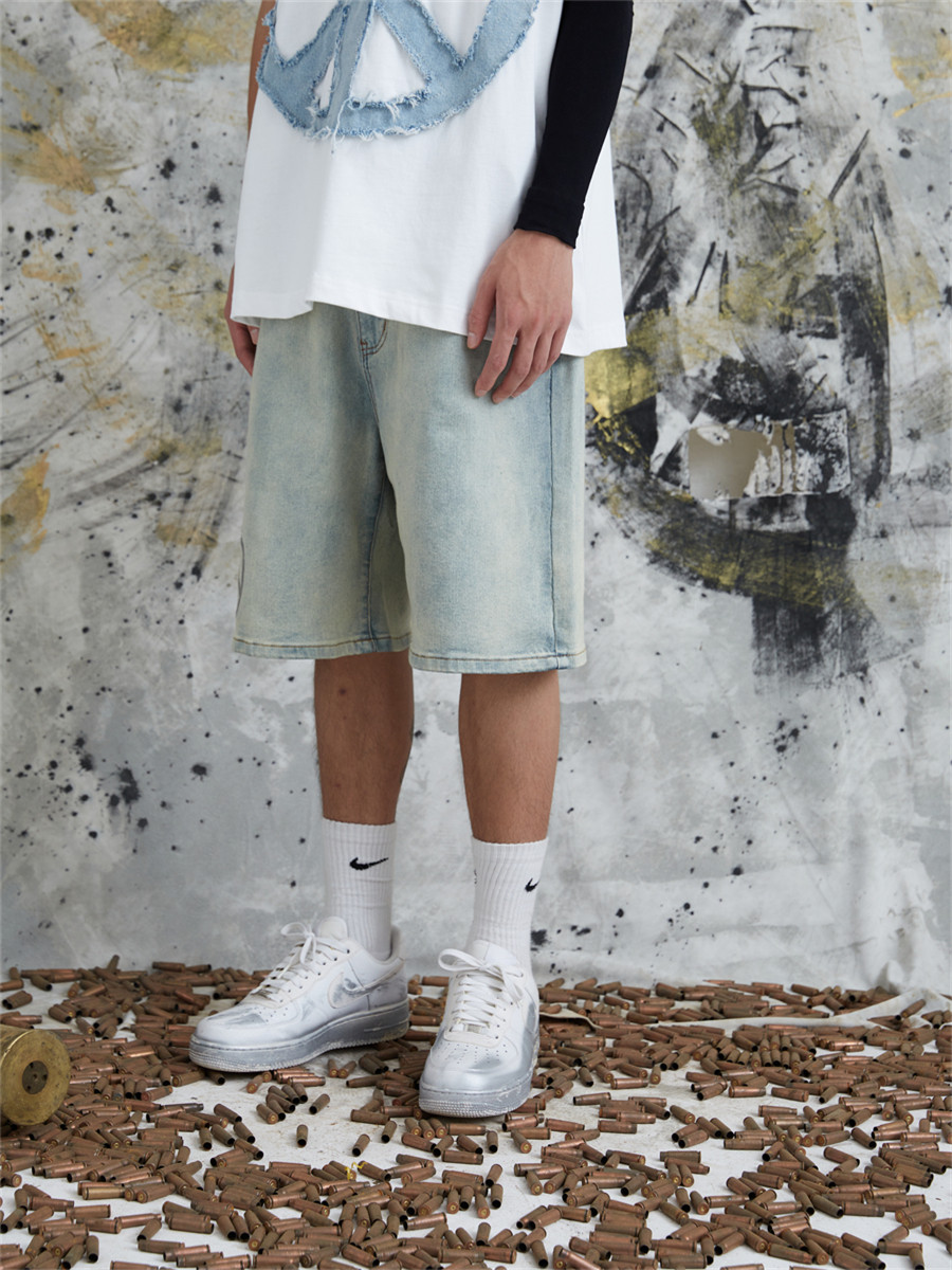 XMXX SUPPLY战争之王主题黄泥洗水做旧刺绣宽松弹力牛仔裤短裤_虎窝淘