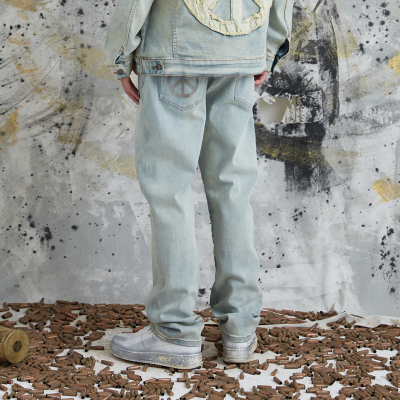 XMXX SUPPLY战争之王主题黄泥洗水做旧刺绣弹力直筒牛仔裤_虎窝淘