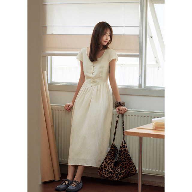 MISAZ linen mixed color temperament square collar waist-hugging dress ...