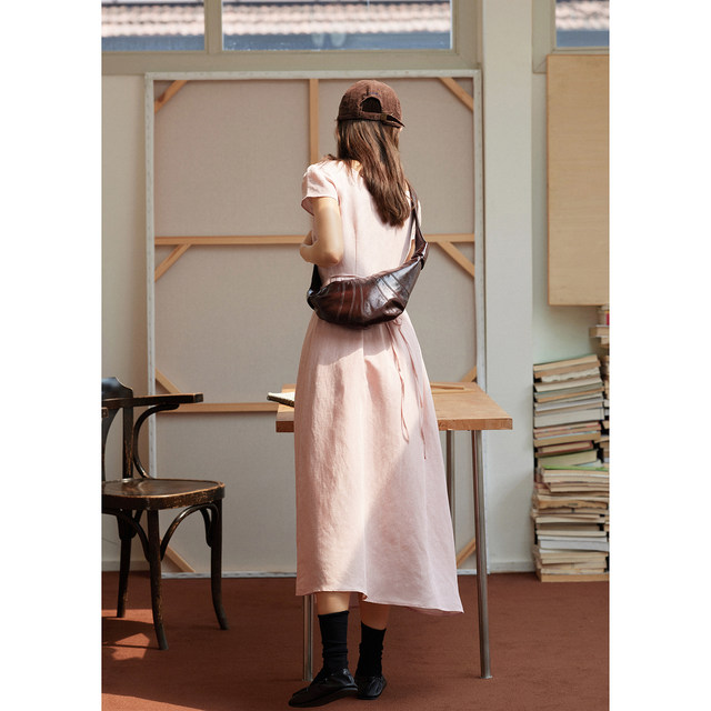 MISAZ linen mixed color temperament square collar waist-hugging dress ...