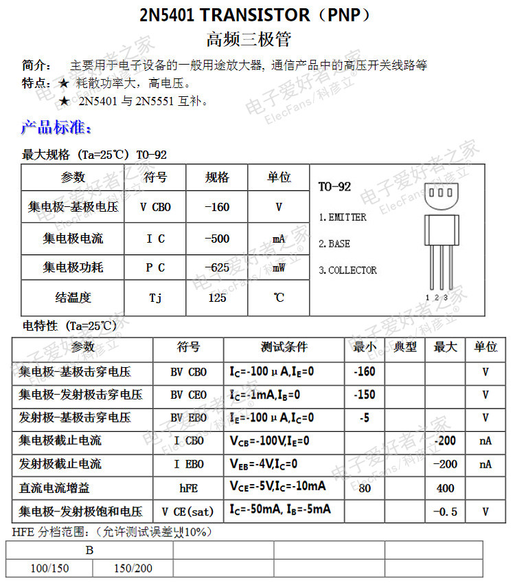 (50个)直插2N5401 PNP型 0.6A 180V常用三极管电子元器件晶体管_虎窝淘
