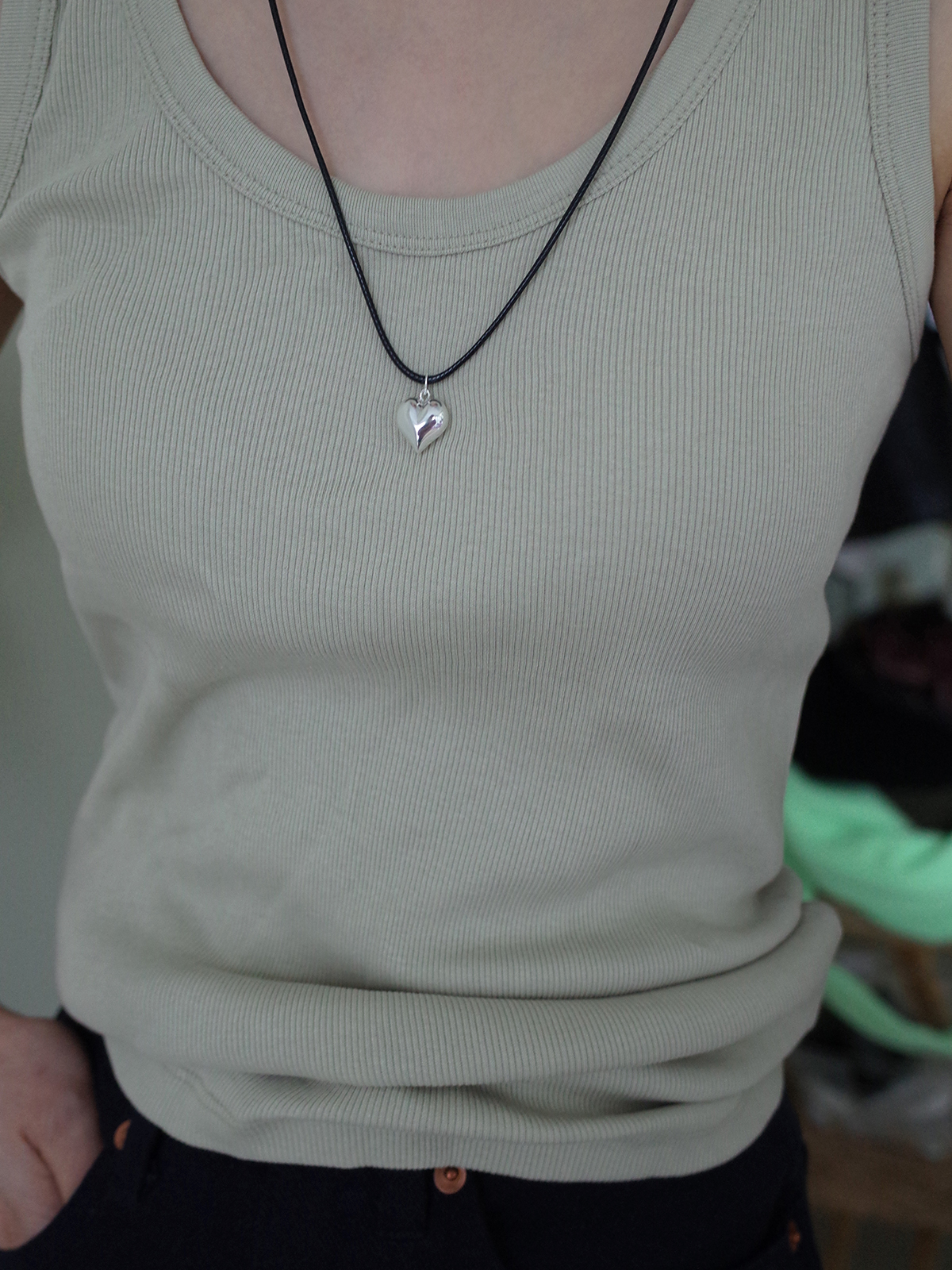 LLab 925银立体爱心黑绳可调节长项链ins博主同款_虎窝淘