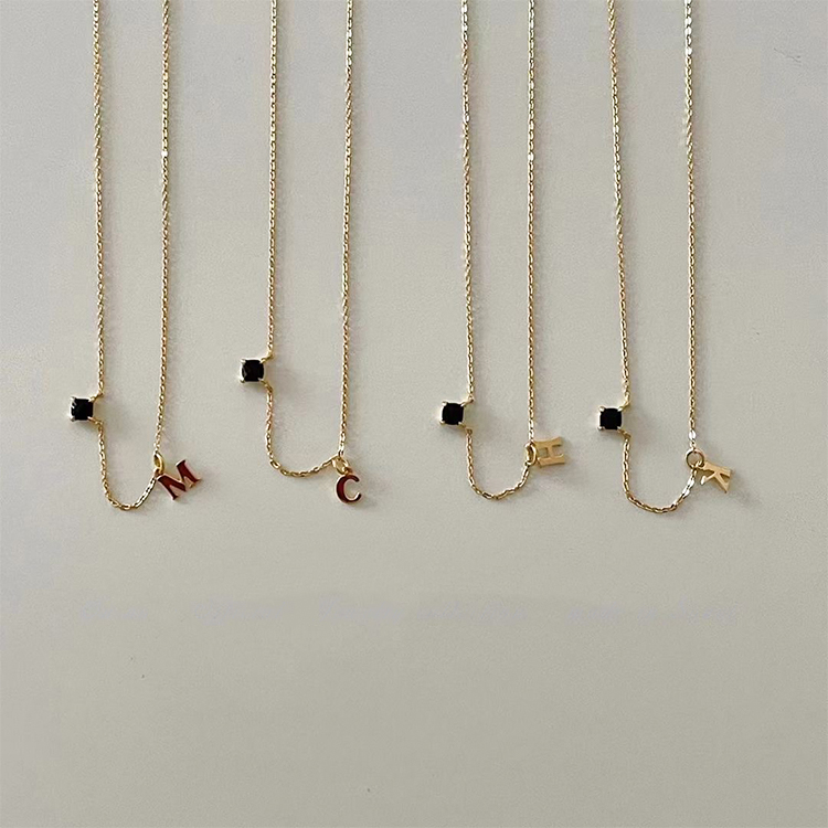 LLab简约百搭925银黑锆石字母吊坠项链女小方钻锁骨链_虎窝淘