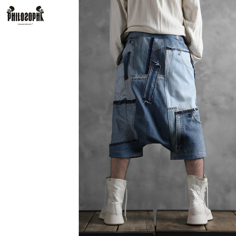 CHAUNK暗黑日系复古GL风解构古着牛仔不对称拼接休闲五分裤男短裤_虎窝淘