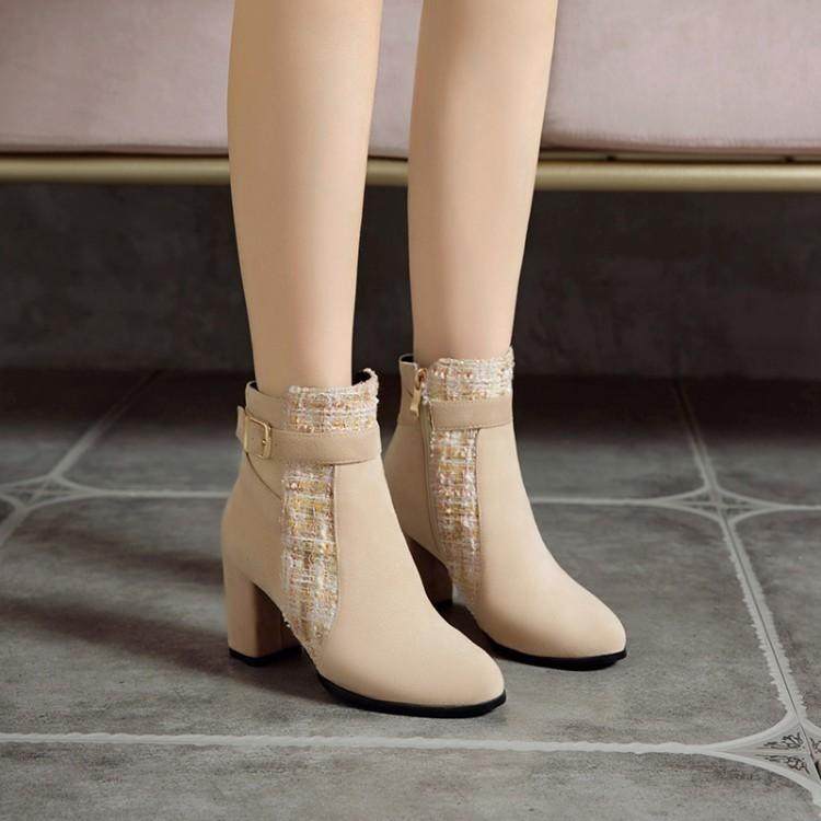 2020秋冬新款时尚网红拼色复古马丁靴百搭粗跟短靴子大码高跟女鞋_虎窝淘