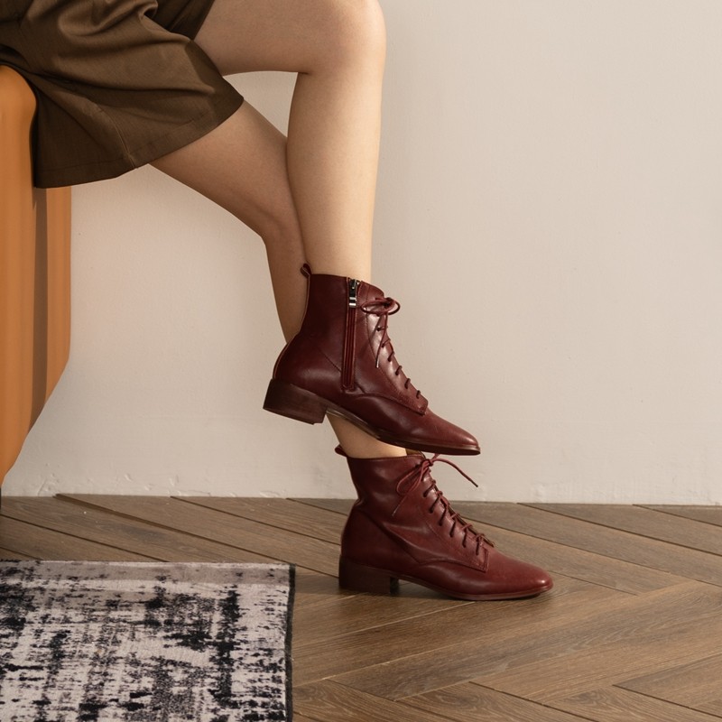 柒步森林英伦风方头真皮马丁靴红色侧拉链短筒单靴女2022秋冬新T_虎窝淘