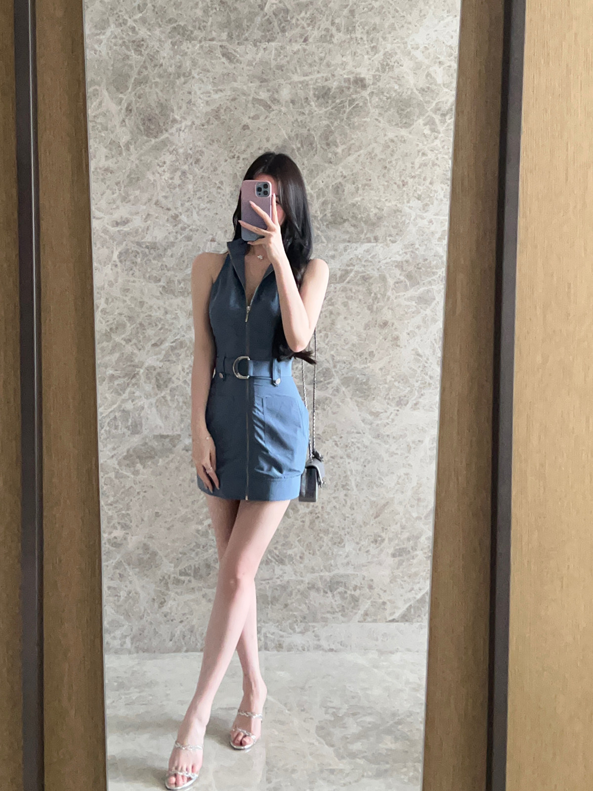 DFAY易梦玲雾霾蓝沙漏腰修身显瘦露肩气质连衣裙短裙女夏_虎窝淘