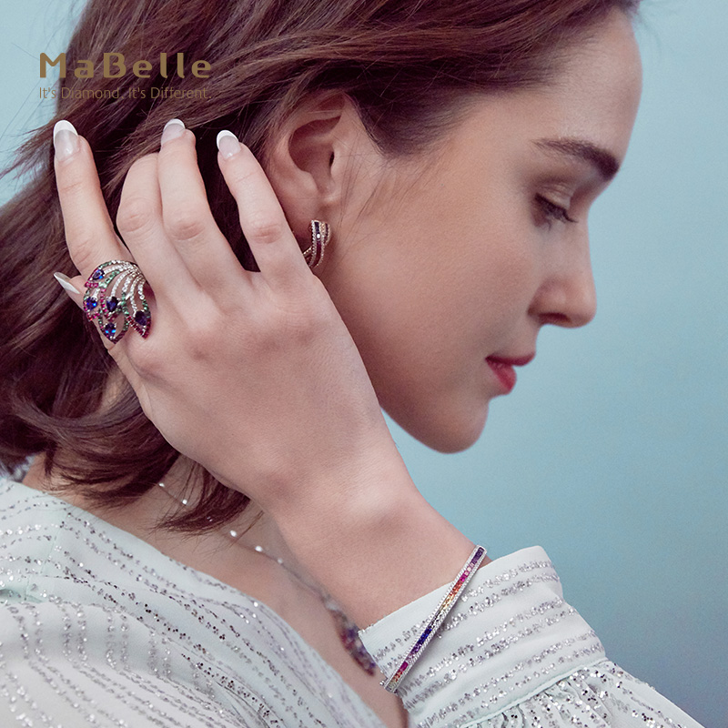 MaBelle/玛贝尔18K白金方形彩蓝宝石拼镶钻石手镯彩虹系列_虎窝淘