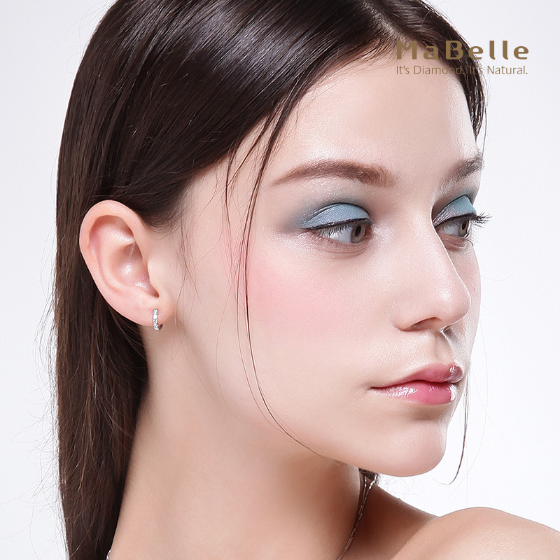 MaBelle/玛贝尔18K白金/玫瑰金单排排钻圈式钻石耳钉经典通勤款_虎窝淘