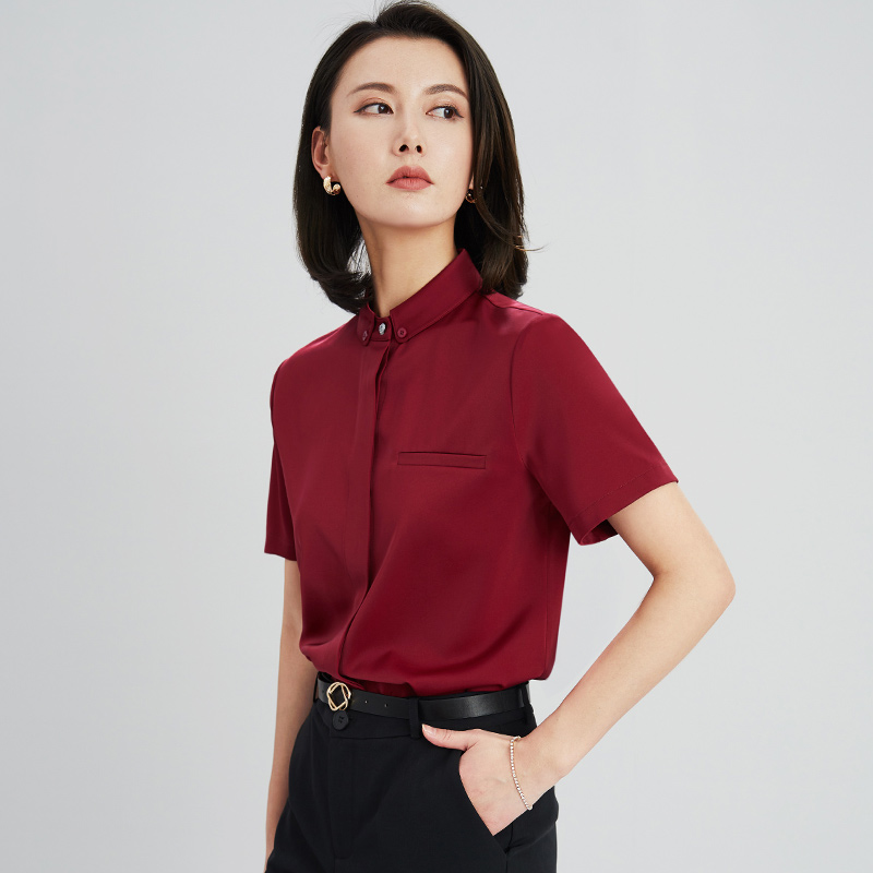 酒红色衬衫女夏季雪纺短袖衬衣2023年新款职业装洋气时尚气质上衣_虎窝淘