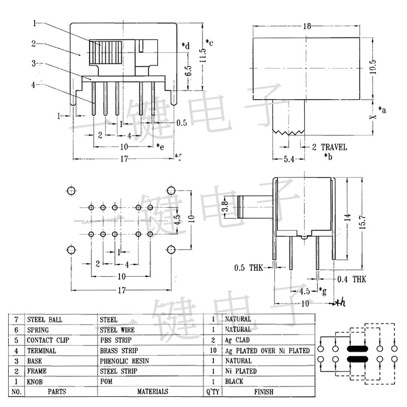 SK-24D01/4 (2P4T)柄高8/6MM双排10脚4档拨动开关卧式插件18*10.5_虎窝淘