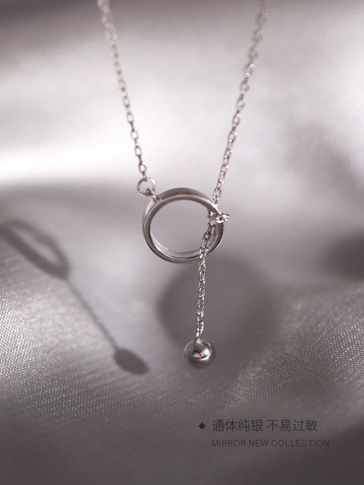 新款两种戴法圆圈几何滑动圆珠流苏S925纯银项链锁骨链时尚女_虎窝淘