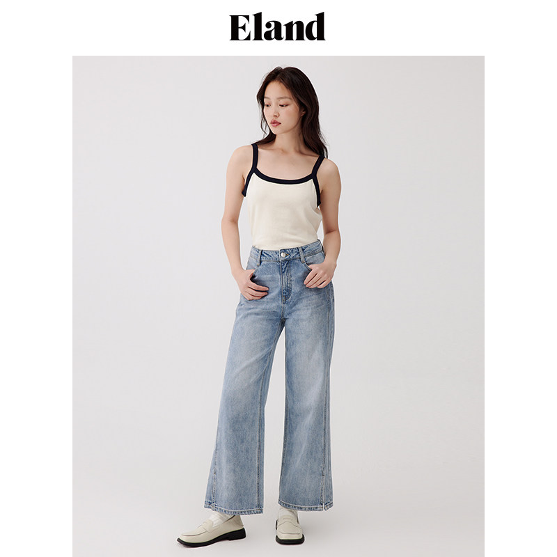 Eland衣恋复古时髦高腰阔腿牛仔裤长裤女_虎窝淘