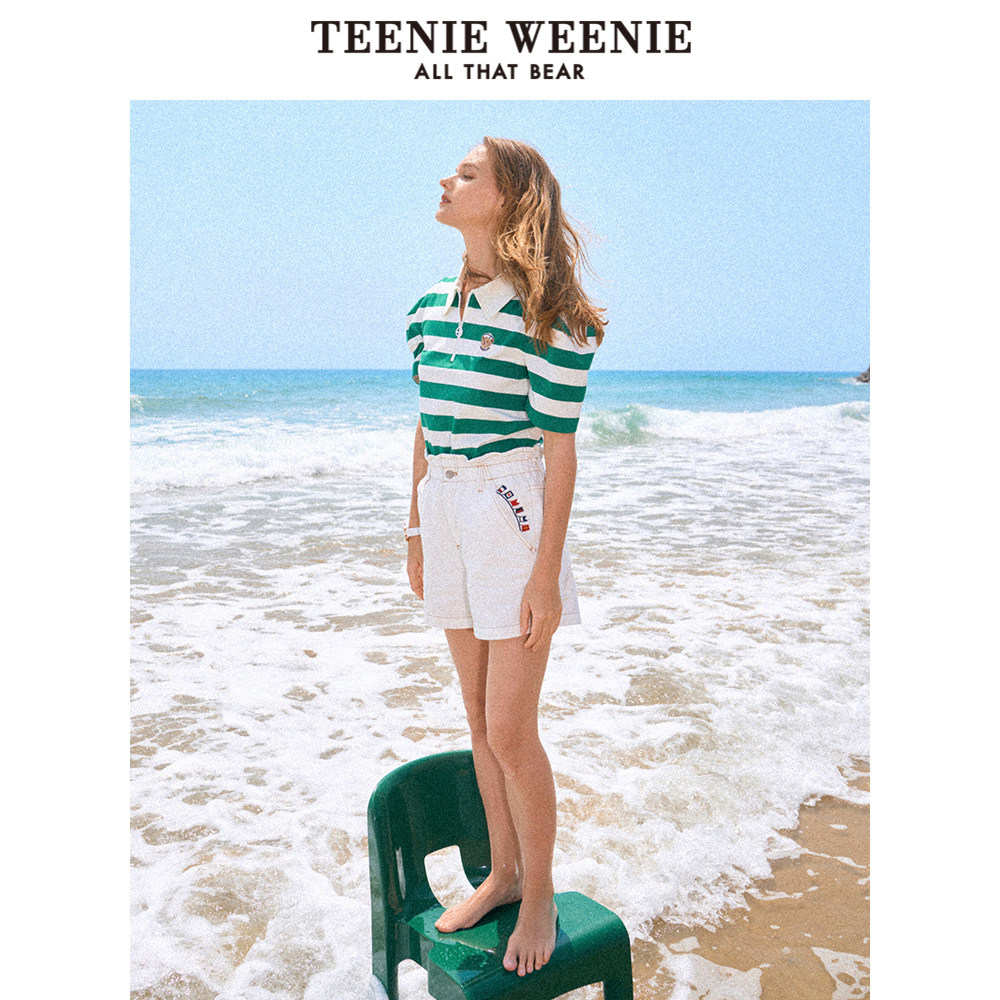 【618预售】TeenieWeenie小熊牛仔短裤松紧高腰A字元气短裤女夏款_虎窝淘