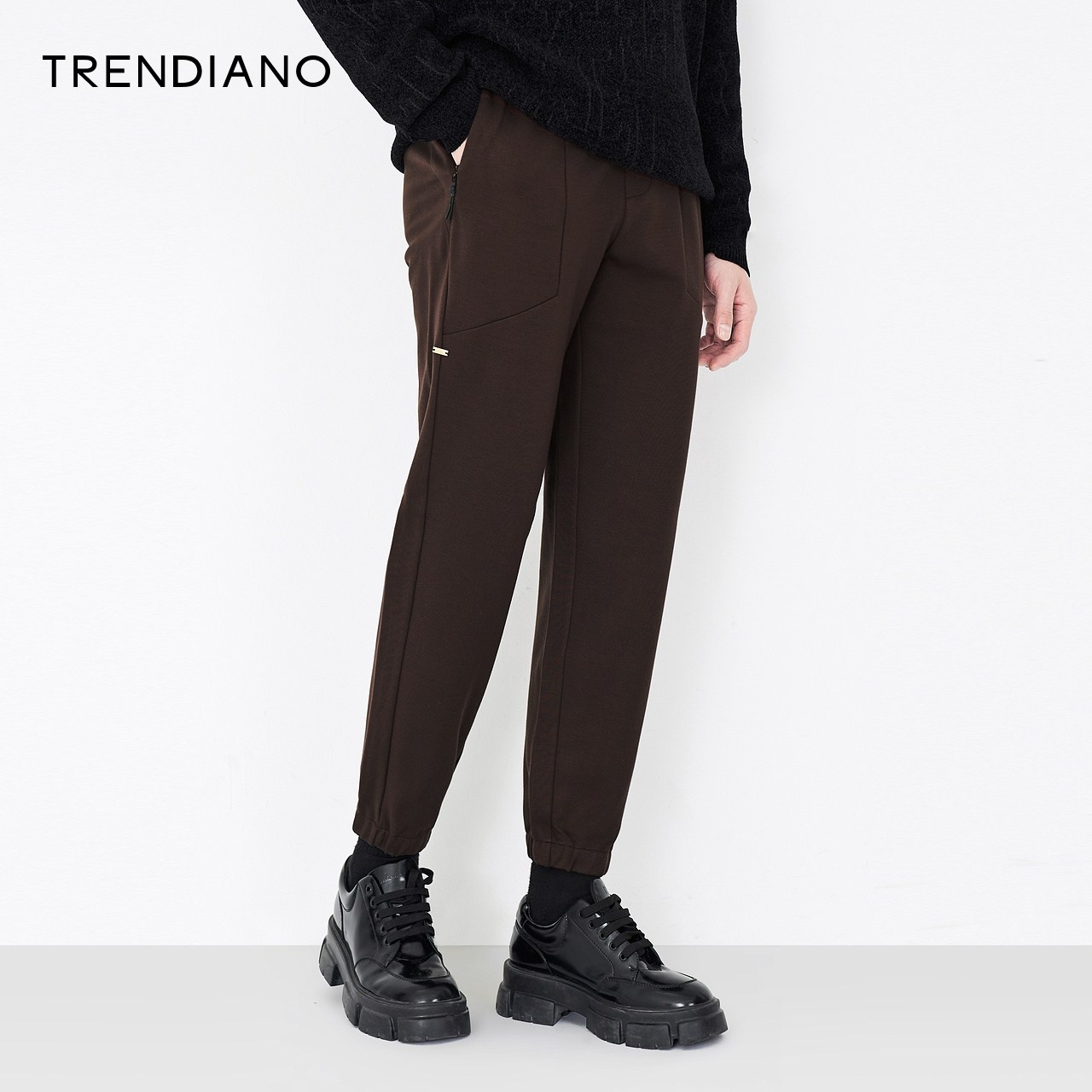 TRENDIANO潮牌官方男装时尚百搭立体压花休闲长裤针织束脚九分裤_虎窝淘